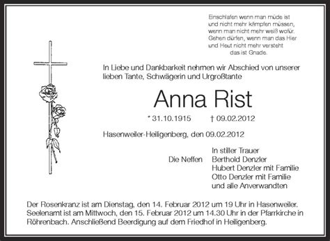 Traueranzeigen Von Anna Rist Schwaebischede Trauerportal