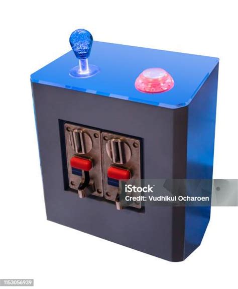 흰색 절연 파란색과 붉은 색 구성표에 동전 수락자와 조이스틱 또는 아케이드 컨트롤러 0명에 대한 스톡 사진 및 기타 이미지