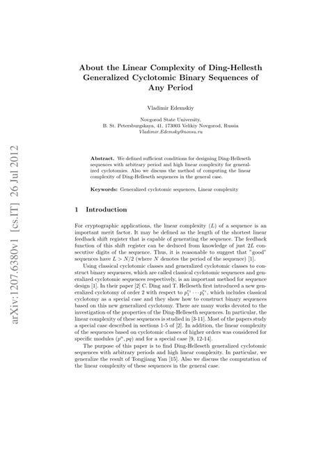 Pdf About The Linear Complexity Of Ding Hellesth Generalized Cyclotomic Binary Sequences Of
