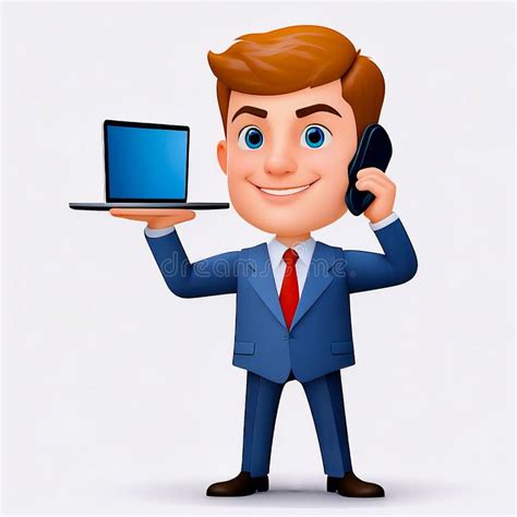 Cartoon Businessman Holds A Laptop In One Hand And Holds A Phone In One