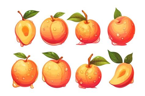 복숭아 벡터 설정 컬렉션 그래픽 클립 아트 디자인 평면 벡터 일러스트 레이 션 흰색 배경에 고립 프리미엄 벡터