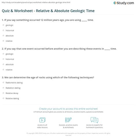 Quiz Worksheet Relative Absolute Geologic Time Study