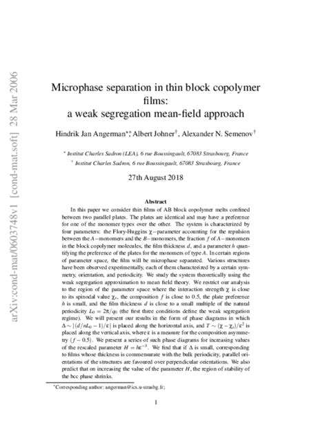 Pdf Microphase Separation In Thin Block Copolymer Films A Weak