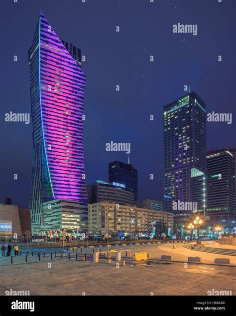Panorama Of Modern Warsaw By Night Stock Photo Alamy