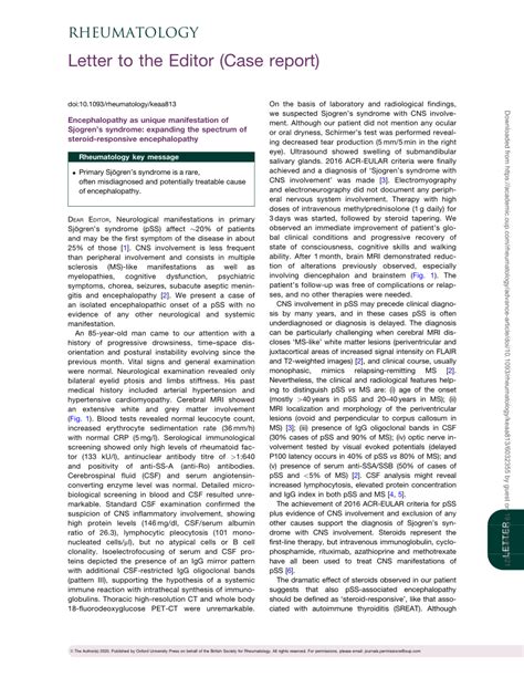 Pdf Encephalopathy As Unique Manifestation Of Sjogrens Syndrome