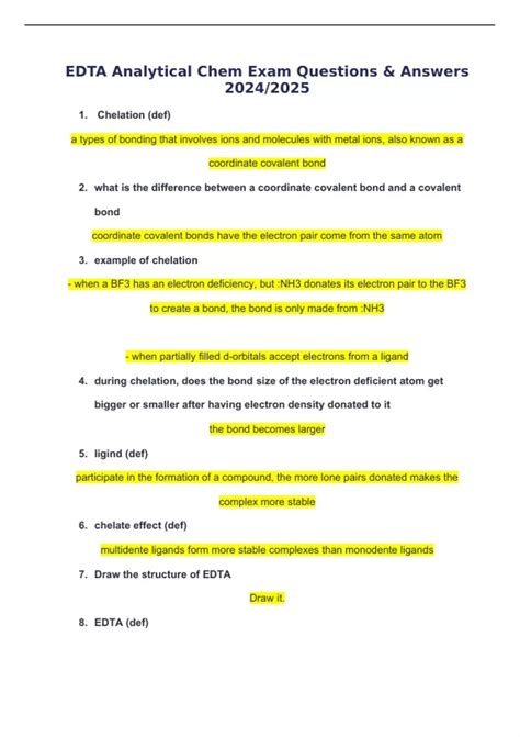 Edta Analytical Chem Exam Questions And Answers 2024 2025 Chemistry Stuvia Us