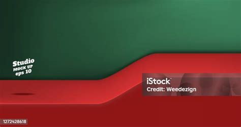 벡터 빈 빨간색과 녹색 3d 스튜디오 테이블 Xmas 룸 배경 디자인의 표시를위한 복사 공간이있는 제품 디스플레이 미디어에 제품을 광고하기위한 배너 빨강에 대한 스톡 벡터