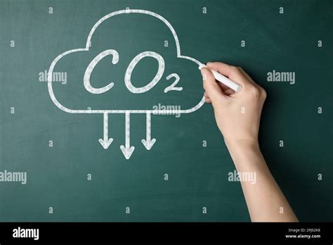 Reduce Carbon Emissions Woman Drawing Cloud With Chemical Formula Co2 On Green Chalkboard