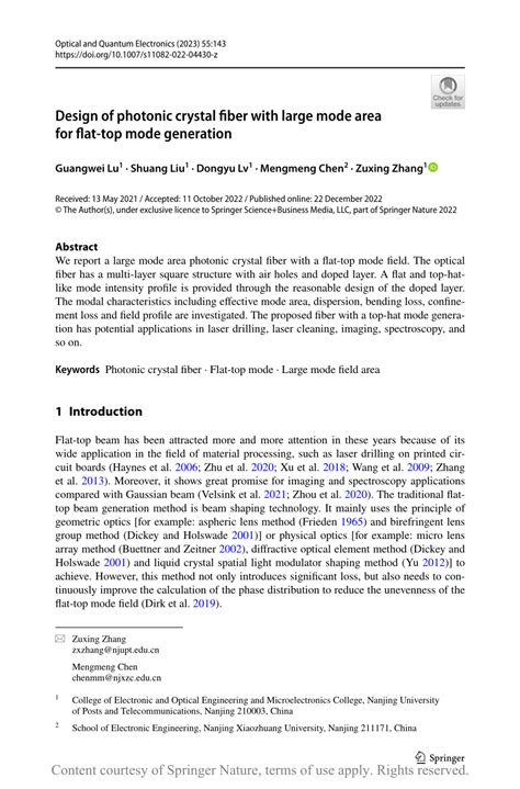 Design Of Photonic Crystal Fiber With Large Mode Area For Flat Top Mode Generation Request Pdf