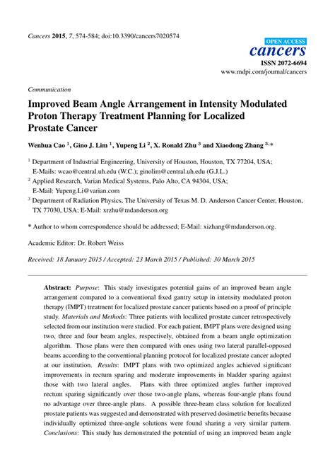 Pdf Improved Beam Angle Arrangement In Intensity Modulated Proton Therapy Treatment Planning