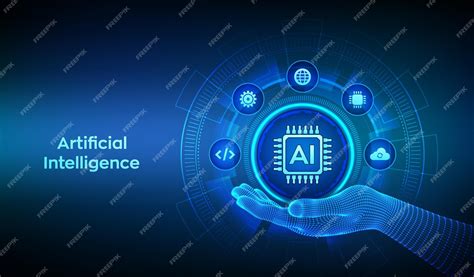 와이어프레임 손에 인공지능 아이콘 기계 학습 빅 데이터 신경망 프리미엄 벡터