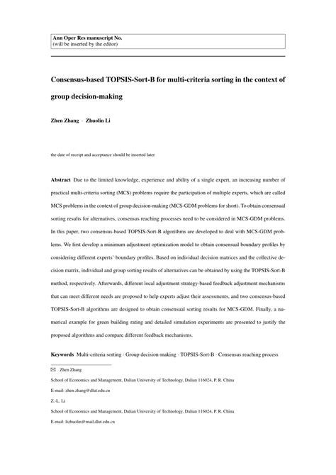 Pdf Consensus Based Topsis Sort B For Multi Criteria Sorting In The Context Of Group Decision