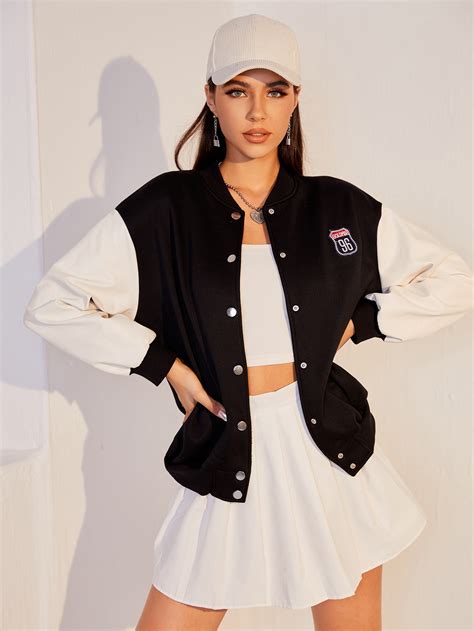 Shein جاكيتات نسائية مرقع الجيب بازرارأمامية حاجز اللون كاجوال