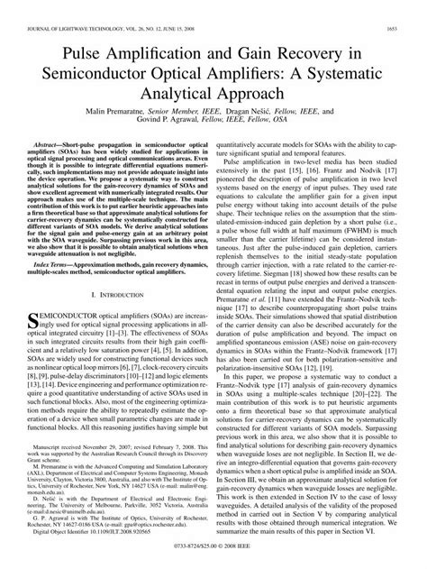 Pdf Pulse Amplification And Gain Recovery In Semiconductor Optical Amplifiers A Systematic