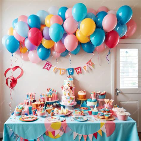 A Birthday Party With Balloons And A Birthday Cake On A Table Premium