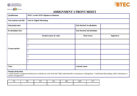 538 Assignment 1 Frontsheet Assignment 1 Front Sheet Qualification Btec Level 5 Hnd Diploma
