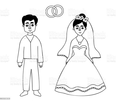 결혼식 낙서 신혼 부부 베일 신랑 및 결혼 반지가있는 웨딩 드레스의 신부 벡터 일러스트레이션 디자인 장식 및 결혼식 장식을위한 고립 된 선형 손 그림 격리에 대한 스톡 벡터