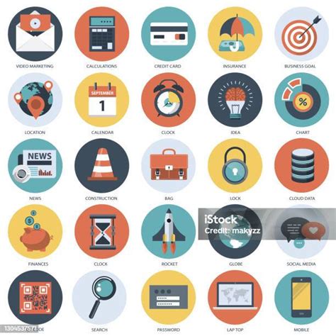 웹 사이트 및 모바일 응용 프로그램을 위한 비즈니스 기술 및 관리 아이콘 설정 플랫 벡터 일러스트레이션 Qr코드에 대한 스톡 벡터 아트 및 기타 이미지 Istock
