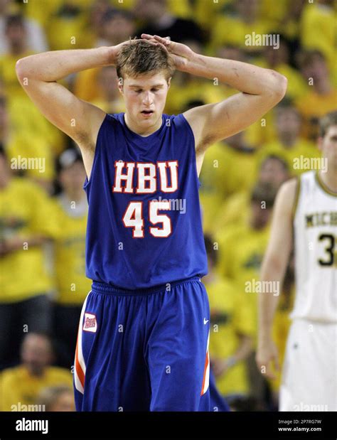 Houston Baptist Center Mario Flaherty 45 Reacts To A Play In The Second Half Of An Ncaa