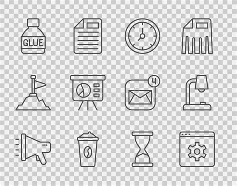 Set Line Megaphone Browser Setting Clock Coffee Cup To Go Glue Board With Graph Old