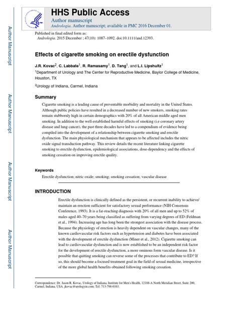 Hhs Public Access Effects Of Cigarette Smoking On Erectile Dysfunction