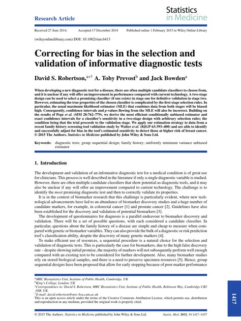 Pdf Correcting For Bias In The Selection And Validation Of Informative Diagnostic Tests