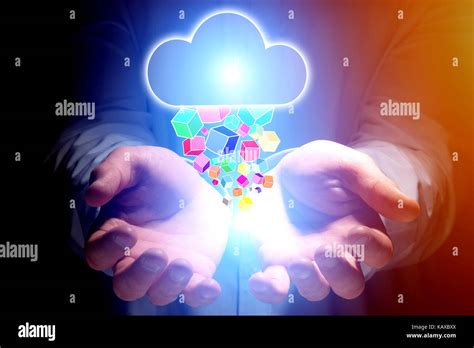 Concept View Of Cloud Storage Icon Flying Out Hands Of A Man Technology Concept Stock Photo