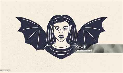 여성 뱀파이어 날개를 가진 귀여운 뱀파이어 소녀 뱀파이어 빈티지 아이콘입니다 엠블럼 엠블럼 라벨 포스터를위한 디자인 요소 벡터