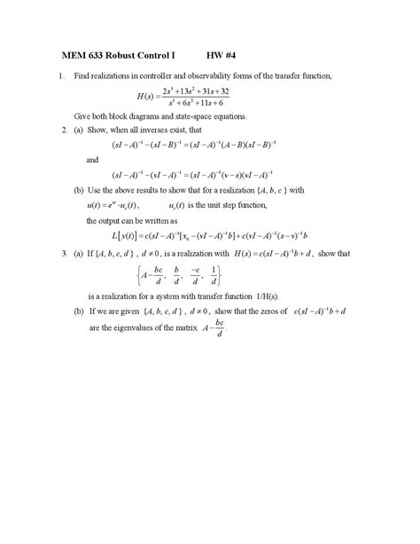 Homework 4 Robust Control Systems I Mem 633 Docsity