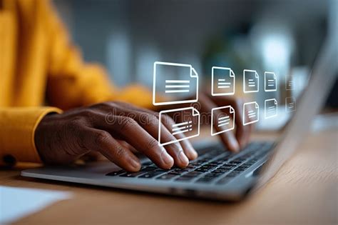 Person Typing On Laptop With Floating Digital File Icons Symbolizing
