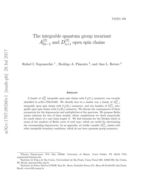 Pdf The Integrable Quantum Group Invariant A 2n 1 2 And D N1 2 Open Spin Chains