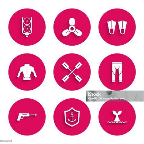 패들 방패 안의 앵커 고래 꼬리 바다 파도 잠수복 낚시 작살 고무 오리발 및 게이지 스케일 아이콘을 설정합니다 벡터 0명에 대한 스톡 벡터 아트 및 기타 이미지 Istock