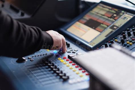 The Sound Engineer`s Hands On The Mixing Console Stock Image Image Of