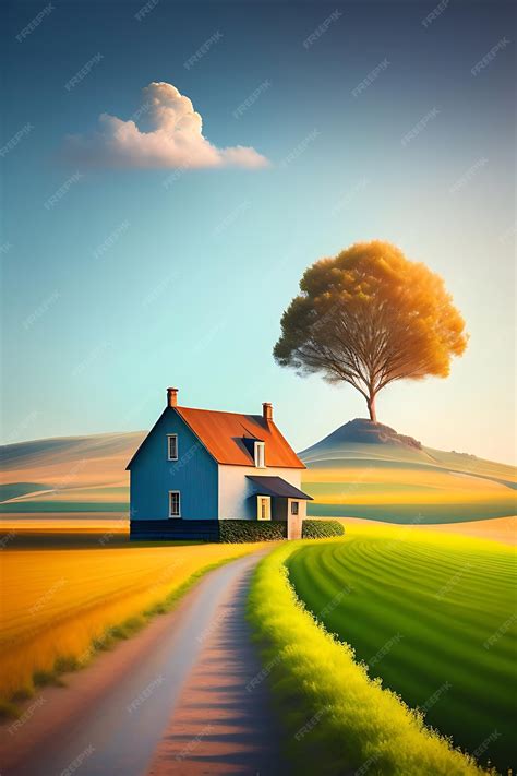Premium Ai Image Serene Lonely Landscape With A Farmhouse Surreal