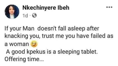 You Have Failed As A Woman If Your Man Doesnt Sleep After Knacking Future Wife Says And
