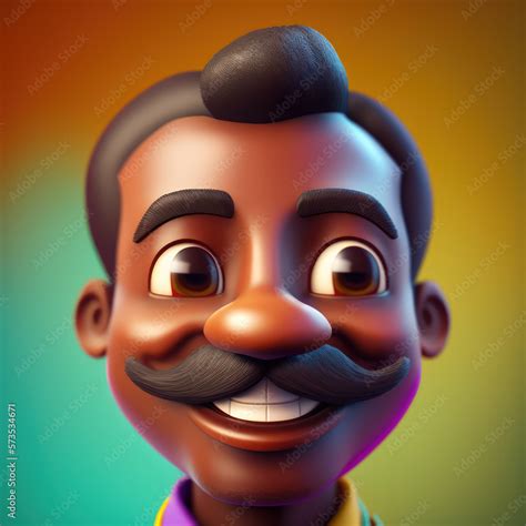 Cartoon Close Up Portrait Of Smiling Black Alluring Man With A Mustache