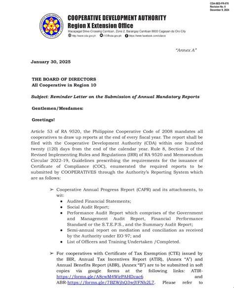 Reminder Letter On The Submission Of Annual Mandatory Reports Cda