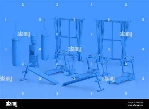 Blue Monochrome Duotone Gymnasium Room Interior With Windows Exercise Benches Punching Bags