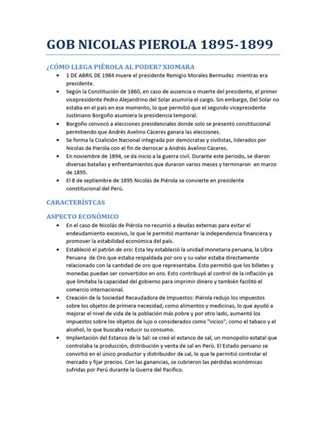 Gob Nicolas Pierola 1895 Pdf Perú Economias