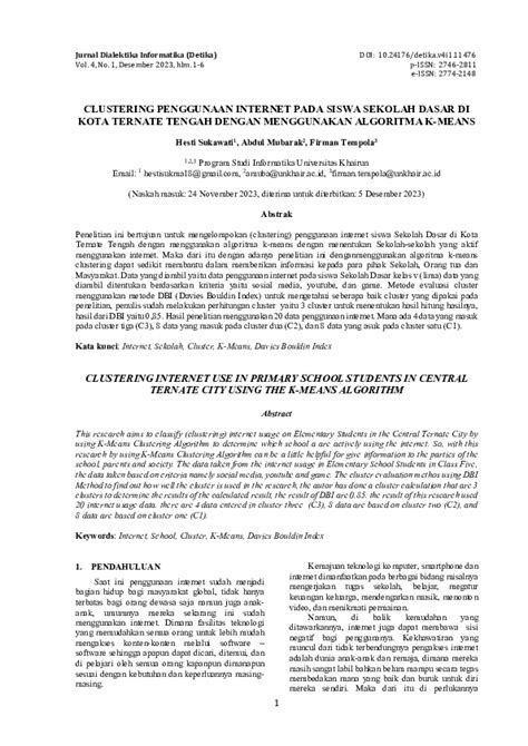 Pdf Clustering Penggunaan Internet Pada Siswa Sekolah Dasar Di Kota Ternate Tengah Dengan