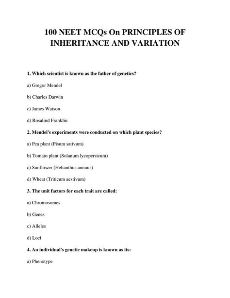 Solution 100 Neet Mcqs On Principles Of Inheritance And Variation