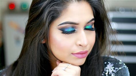 Peacock Blue Glitter Smokey Eye Makeup I Full Coverage Foundation Youtube