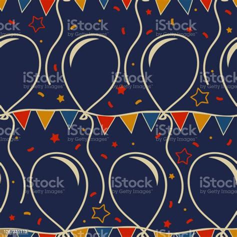 파란색 배경에 풍선과 벽 플래그가있는 매끄러운 벡터 패턴 복고풍 스타일의 축제 벽지 디자인 소년을위한 생일 패션 섬유 0명에 대한 스톡 벡터 아트 및 기타 이미지 Istock