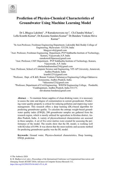 Pdf Prediction Of Physico Chemical Characteristics Of Groundwater