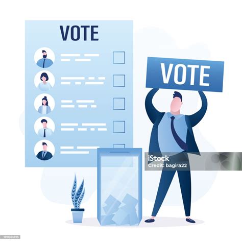 사업가 또는 남성 정치인이 사인을 들고 투표 종이가있는 투표함 후보자 사진과 텍스트가 담긴 투표용지 국민투표 또는 선거 개념 2022년에 대한 스톡 벡터 아트 및 기타