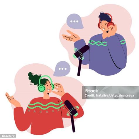 만화 미소 사람들은 오디오 팟 캐스트 또는 온라인 쇼 벡터 평면 일러스트를 기록 라디오 아나운서 즐거운 사람이 게스트 인터뷰