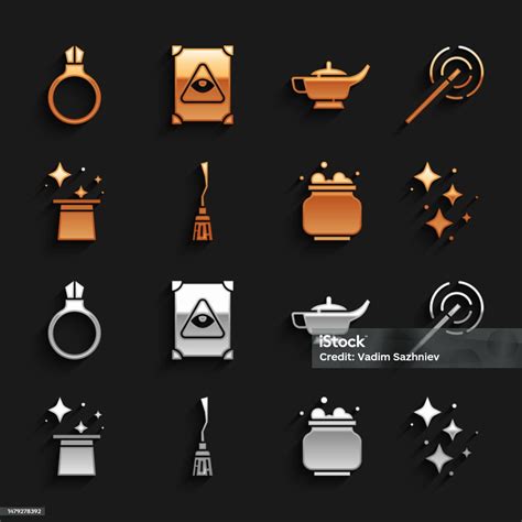 마녀 빗자루 마술 지팡이 마법 가마솥 모자 램프 또는 알라딘 돌 반지 보석 및 고대 책 아이콘으로 스파클 별을 설정하십시오 벡터 가마솥에 대한 스톡 벡터 아트 및 기타