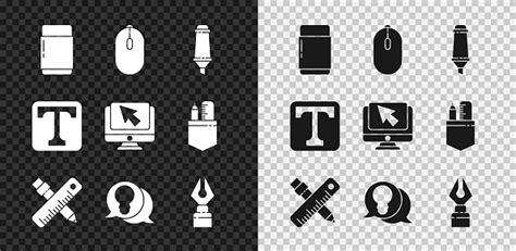 지우개 또는 고무 컴퓨터 마우스 마커 펜 십자 눈금자와 연필 아이디어 개념의 전구 분수 펜촉 텍스트 및 모니터 커서 아이콘을