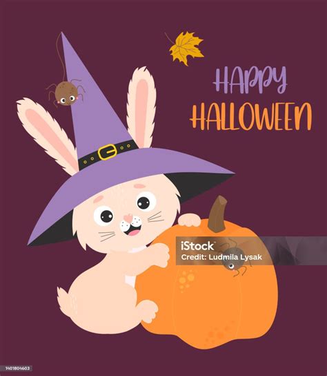 즐거운 할로윈 보내세요 호박 거미 및 가을 잎이있는 마녀 모자에 귀여운 토끼가있는 가을 포스터 재미있는 축제 할로윈 토끼와 벡터