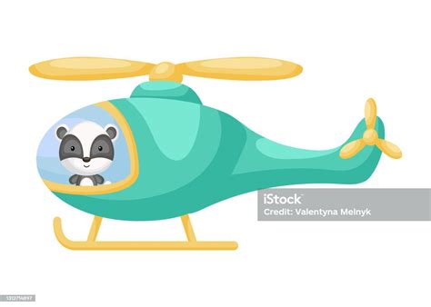 에메랄드 헬리콥터의 귀여운 작은 오소리 조종사 어린이 책 앨범 베이비 샤워 인사말 카드 파티 초대장 집 인테리어를위한 만화 캐릭터 벡터 스톡 일러스트레이션입니다 0명에 대한